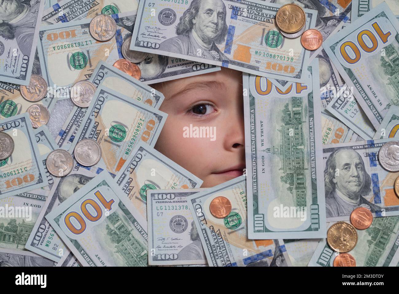 Money and banking. Money win, big luck. Funny child with fun face with ...