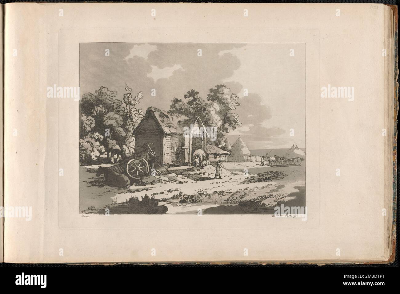 Landscape with figures storing hay in a barn, a cart and horse lying ...