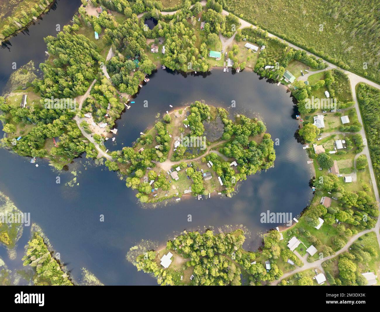 A bird's eye view of houses on shore of lakes in a green landscape ...