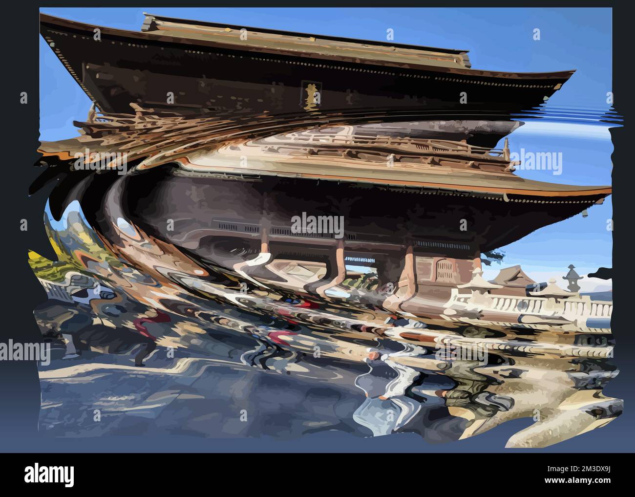 Japanese Buddhist temple in a distorted mirror. Color vector ...