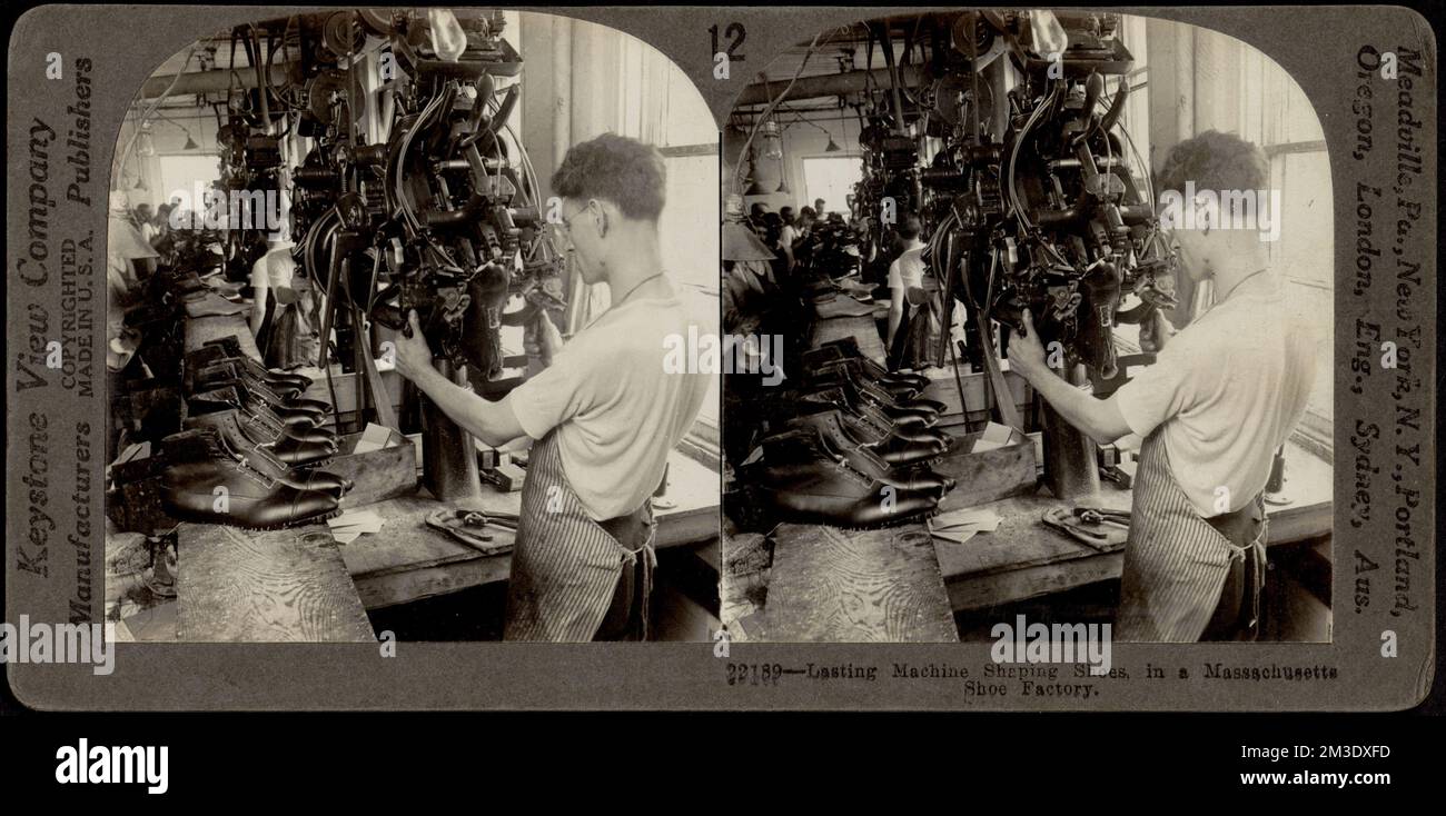 Lasting machine shaping shoes, in a Massachusetts shoe factory, Lynn ...