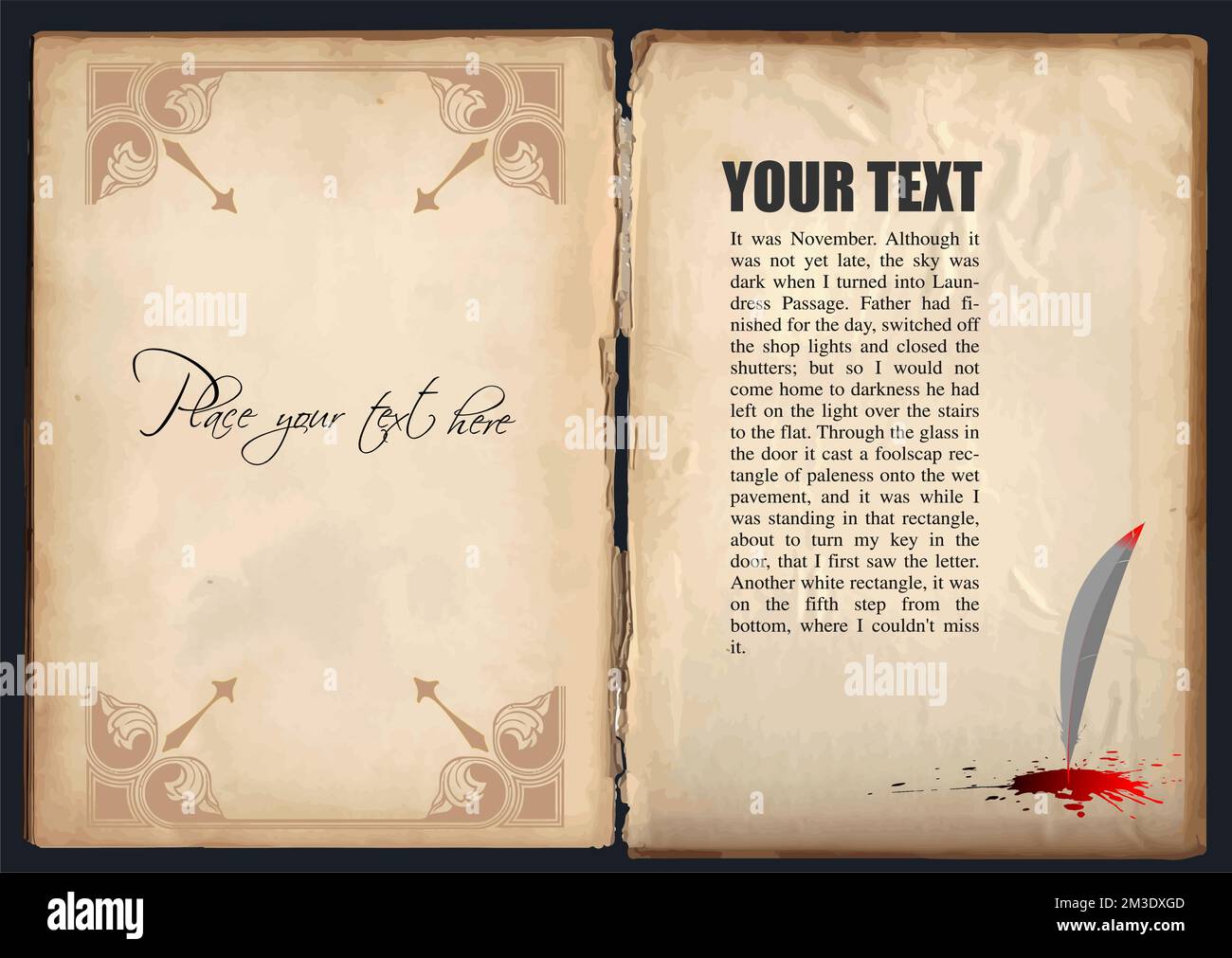 Vintage book open with feather abd ink blot inside. Old story book ...