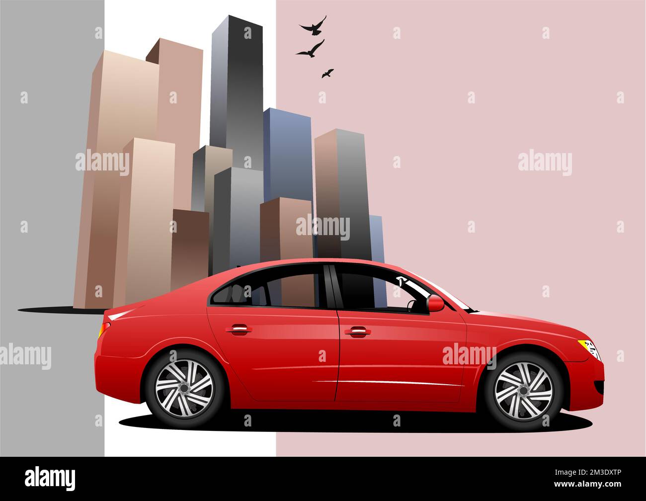 Abstract city on grid background. Urban concept. Car sedan. 3d color ...
