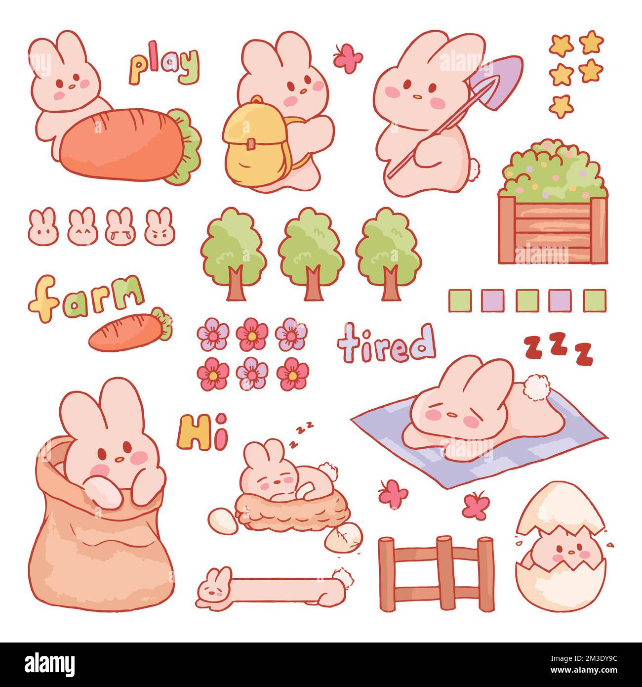 Cute bunny rabbit in the farm hand drawn illustration set collection ...