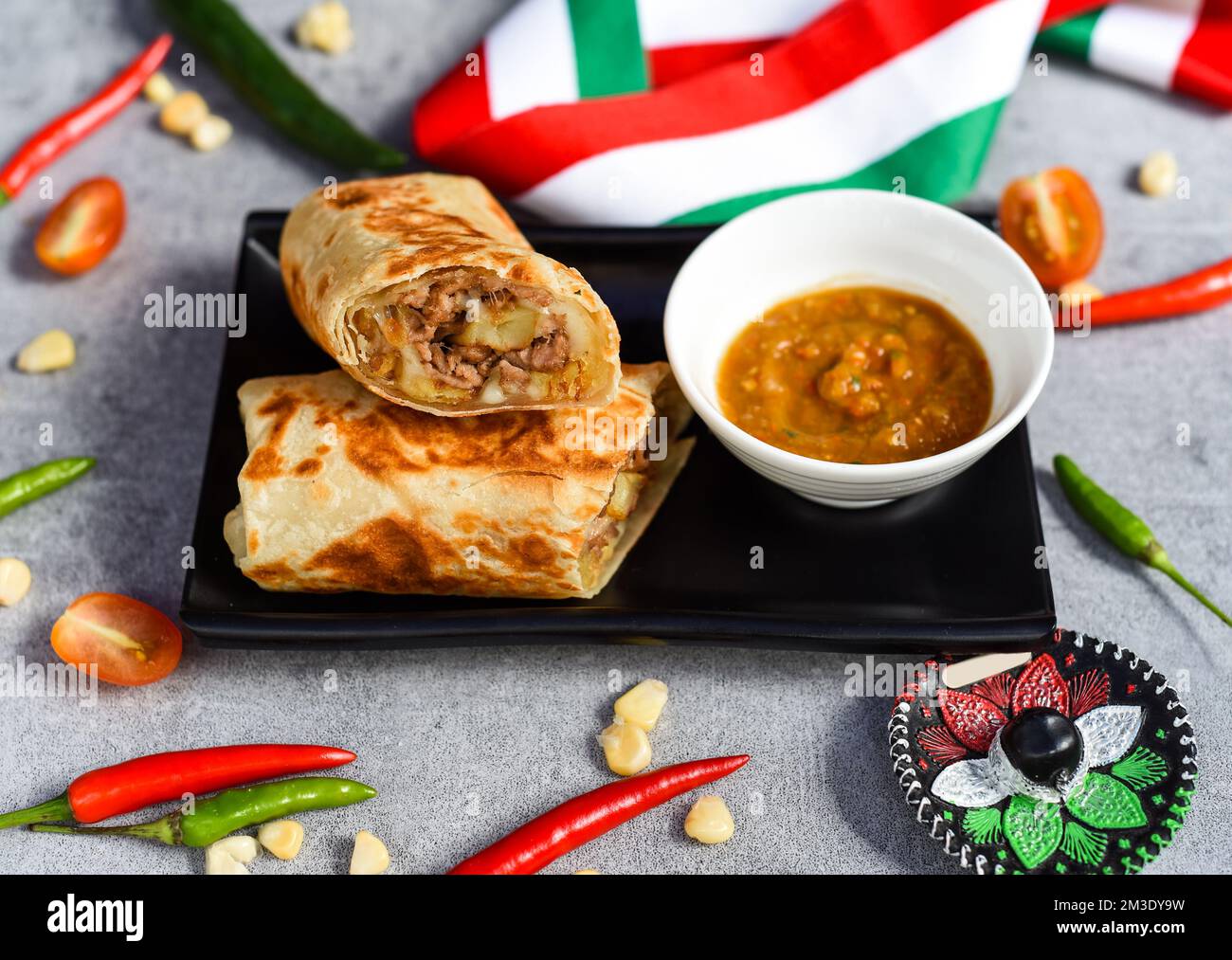 Mexican burrito with beef, french fries and cheese served with sauce ...