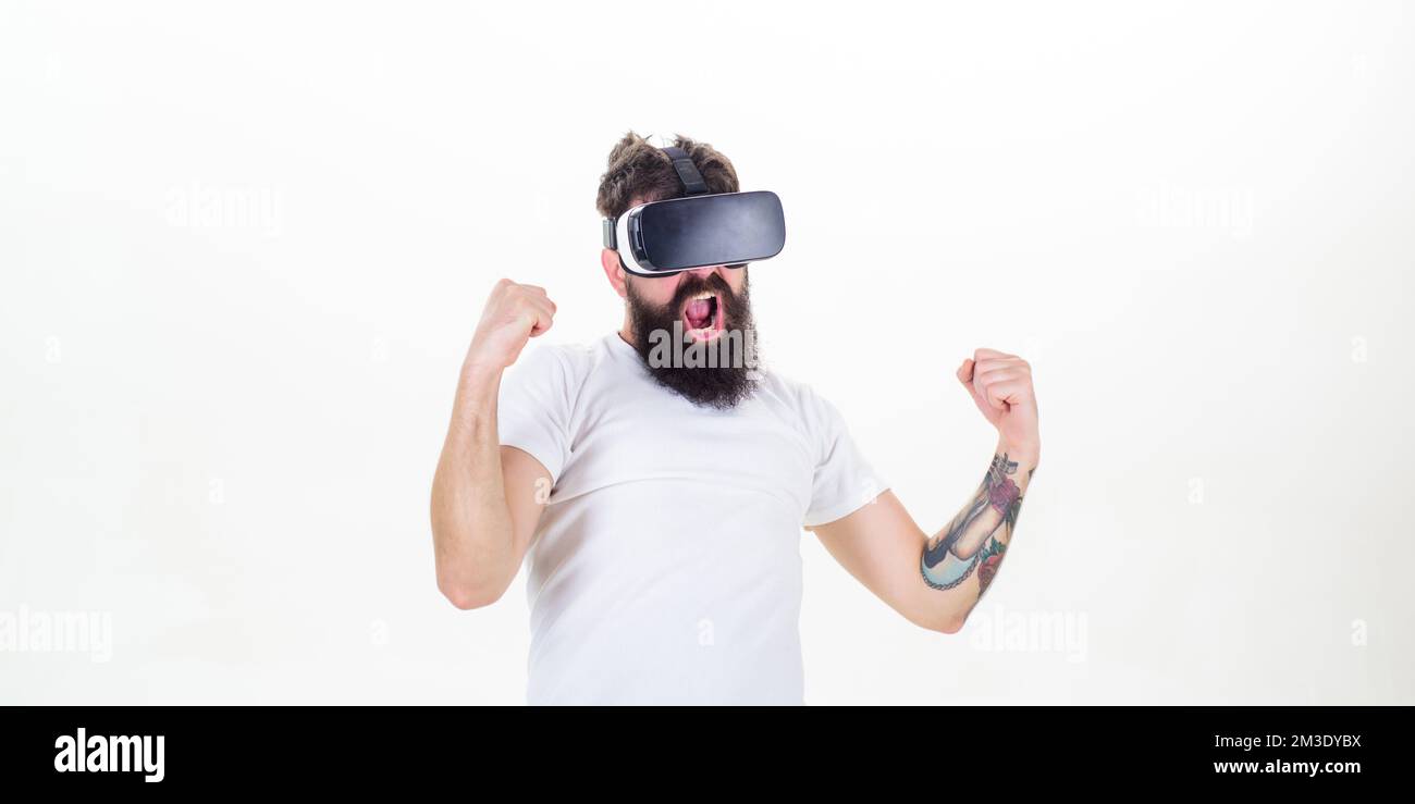 Win virtual contest. Guy with head mounted display interact virtual ...