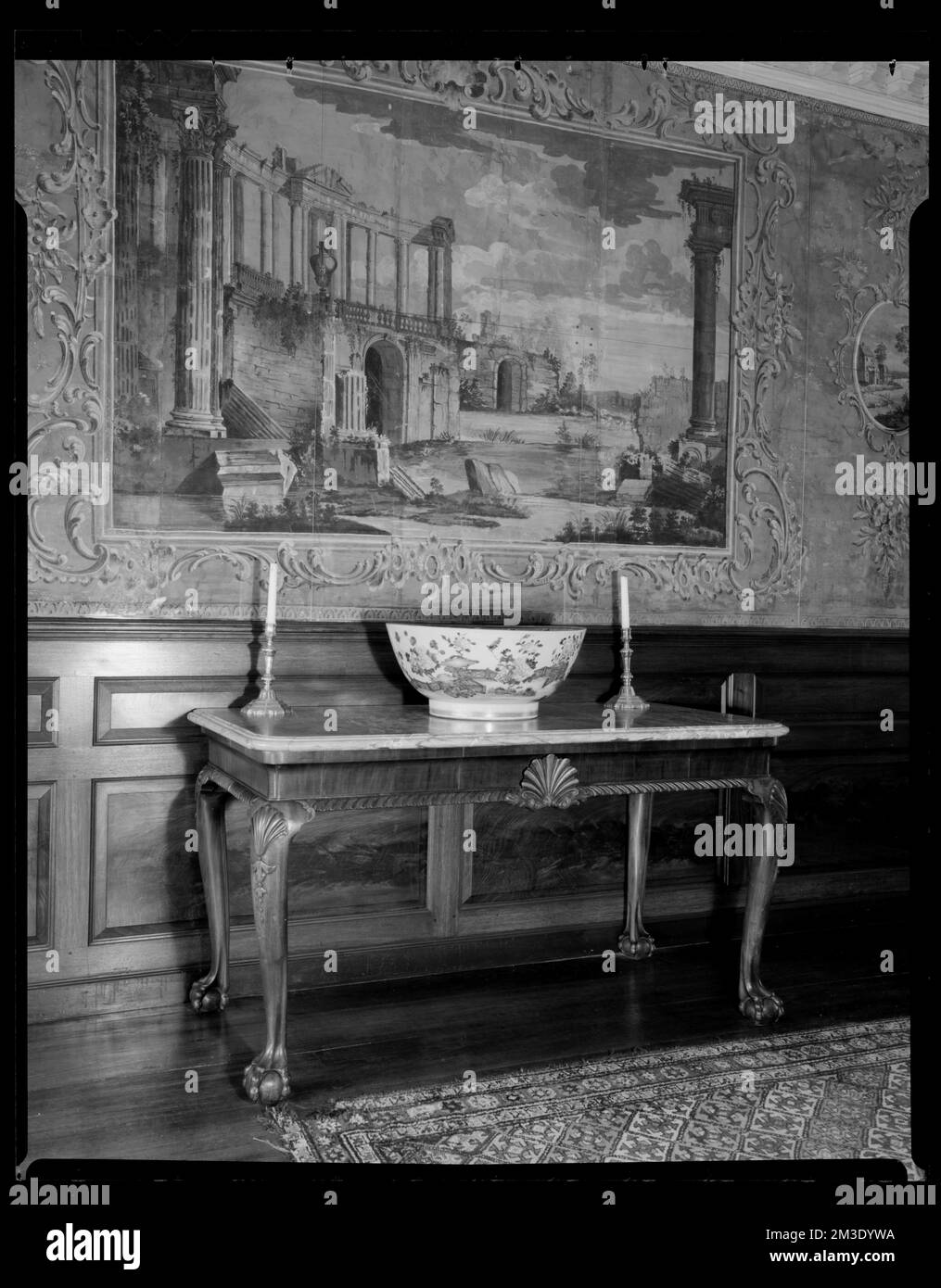 Lee Mansion Marble topped table and wall paper (on 2nd floor landing ...