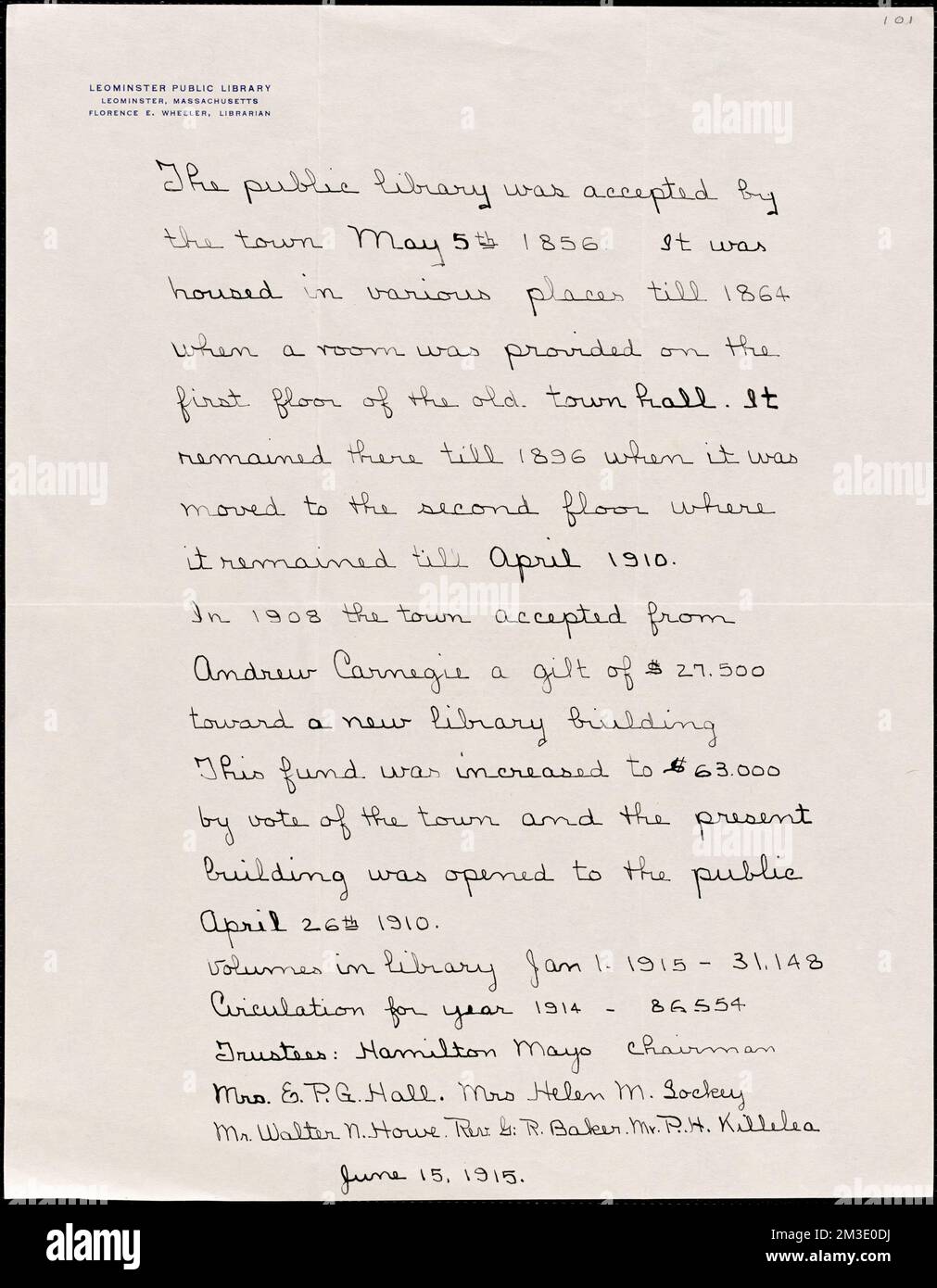 Leominster Public Library, brief handwritten history , Public libraries ...