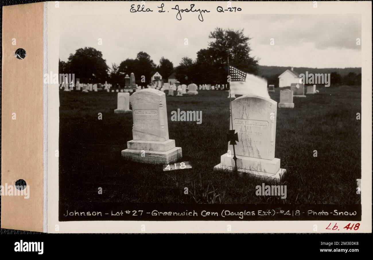 Leon W. Johnson, Greenwich Cemetery, Douglas Extension, lot 27, Greenwich, Mass., ca. 1928 ...