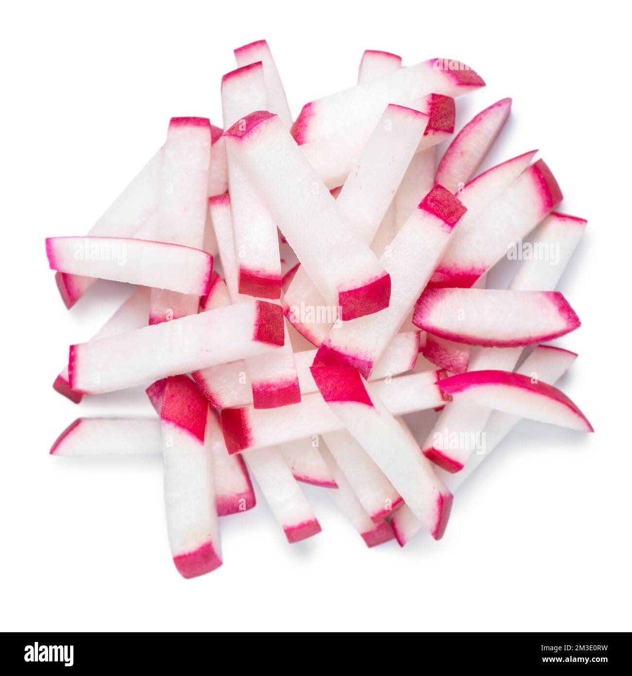 top view of pile vegetables roots of radish chopped stripes isolated on ...