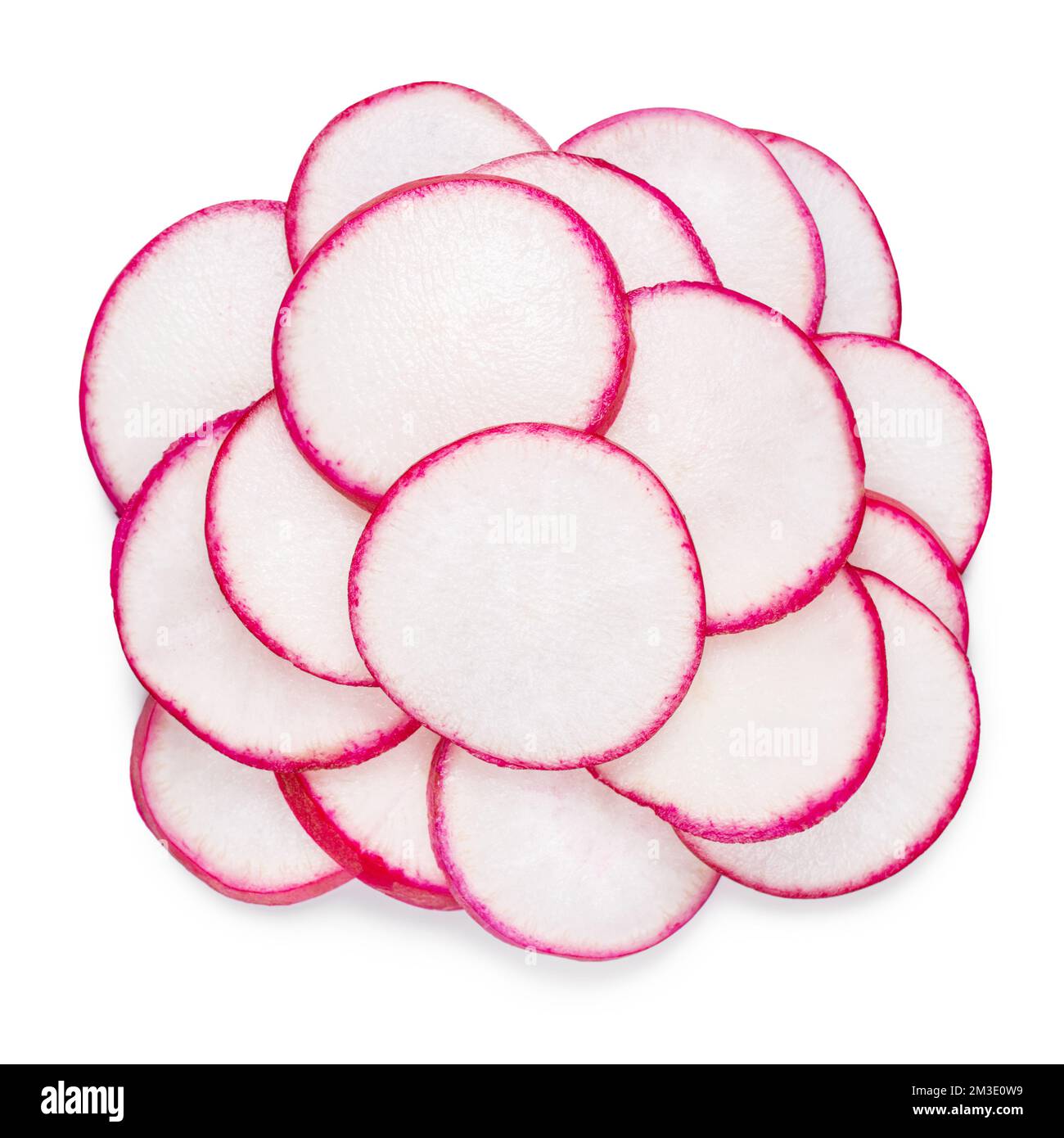top view of pile vegetables roots of radish sliced isolated on white ...
