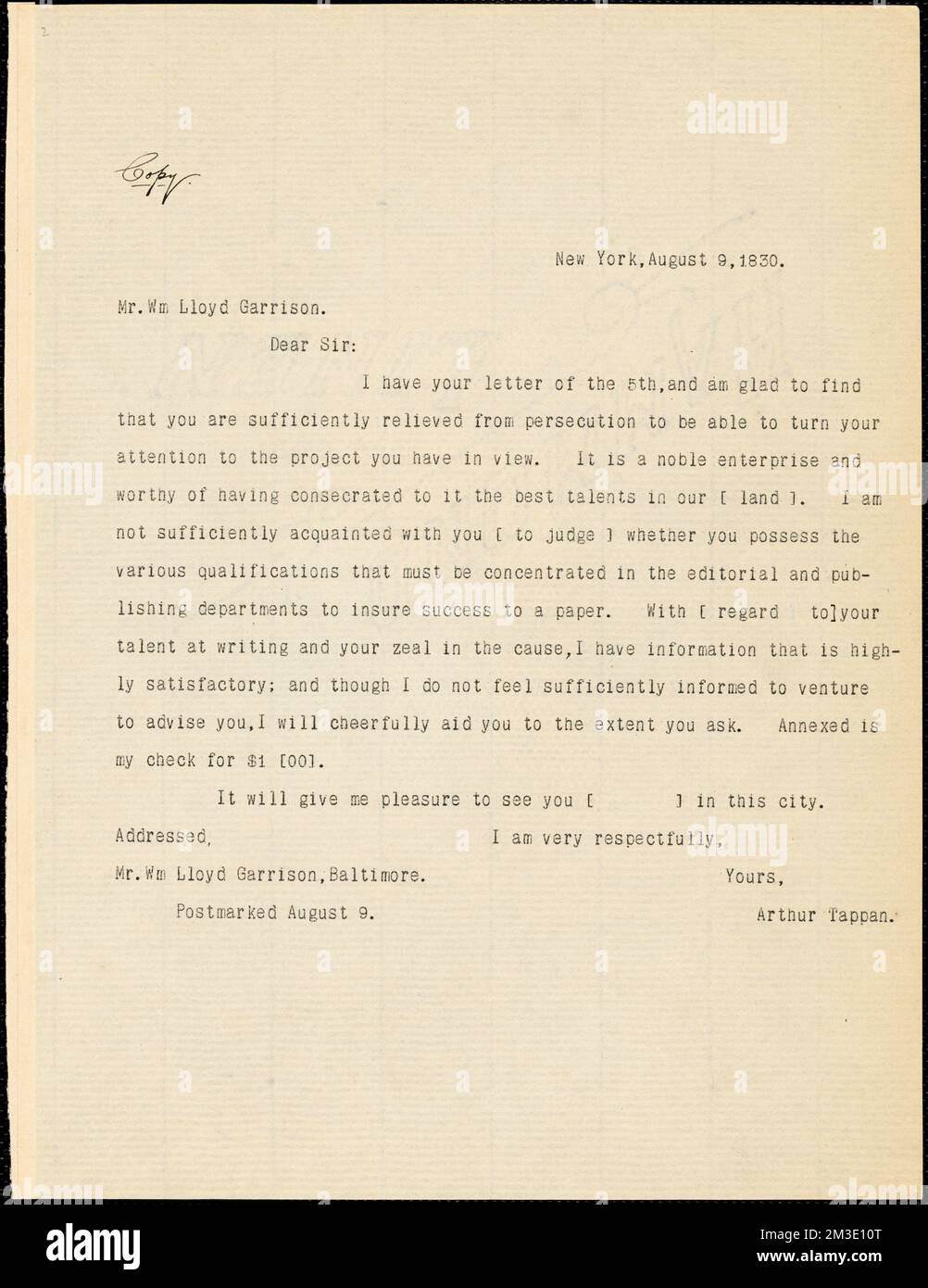 Letter from Arthur Tappan, New York, [New York], to William Lloyd ...