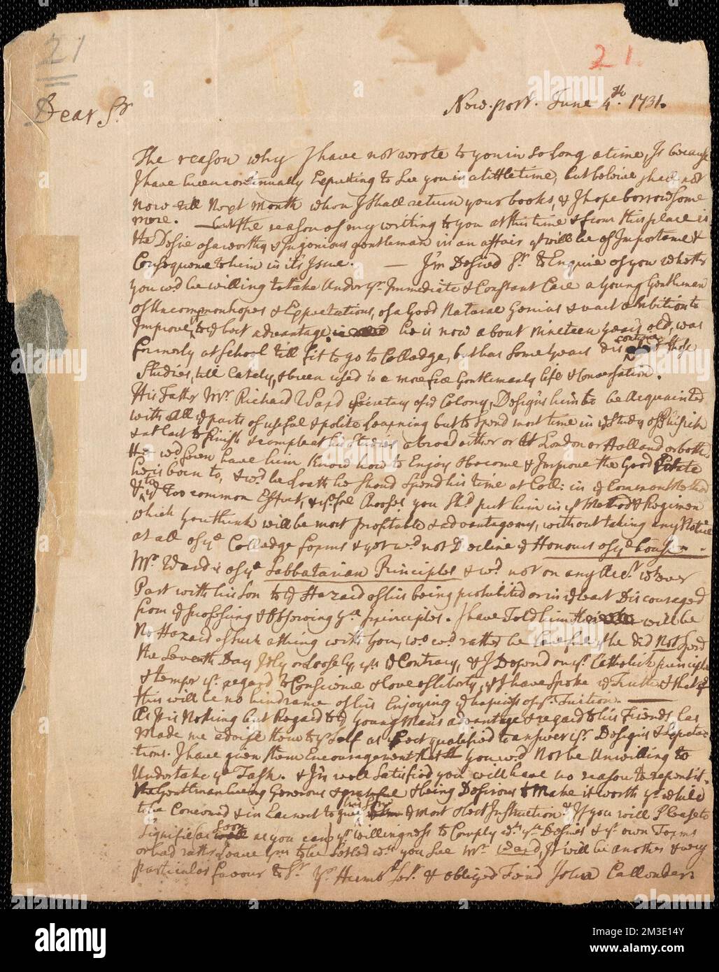 Letter from John Callender, Newport, to Nathan Prince, 1731 June 4 ...