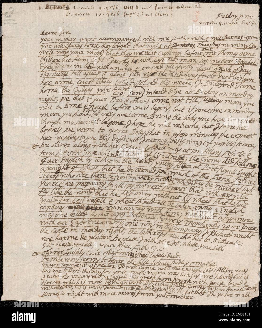 Letter from John Cotton to Rowland Cotton, Sandwich,1695/1696 March 6 ...