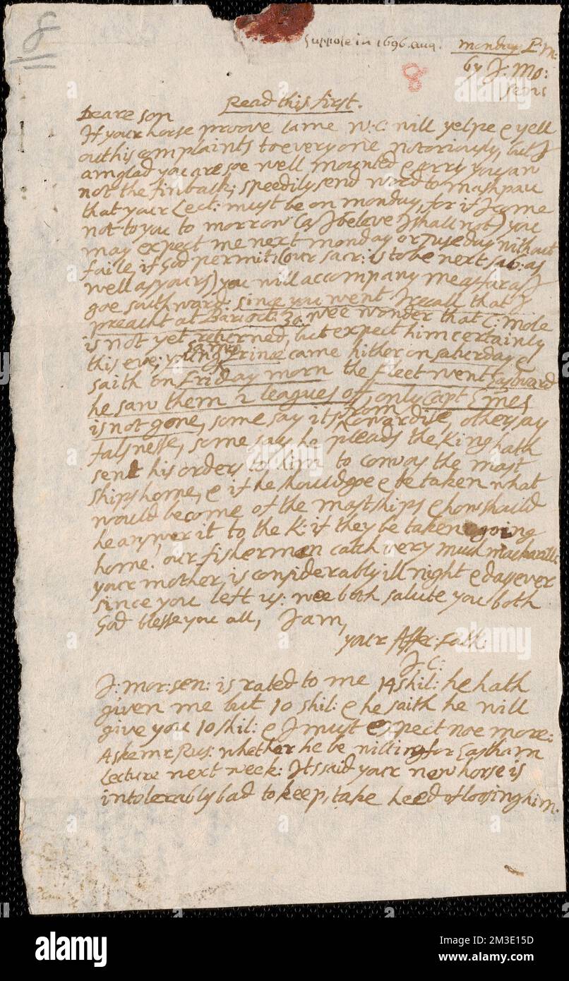Letter from John Cotton to Rowland Cotton, Sandwich,1696 August ...