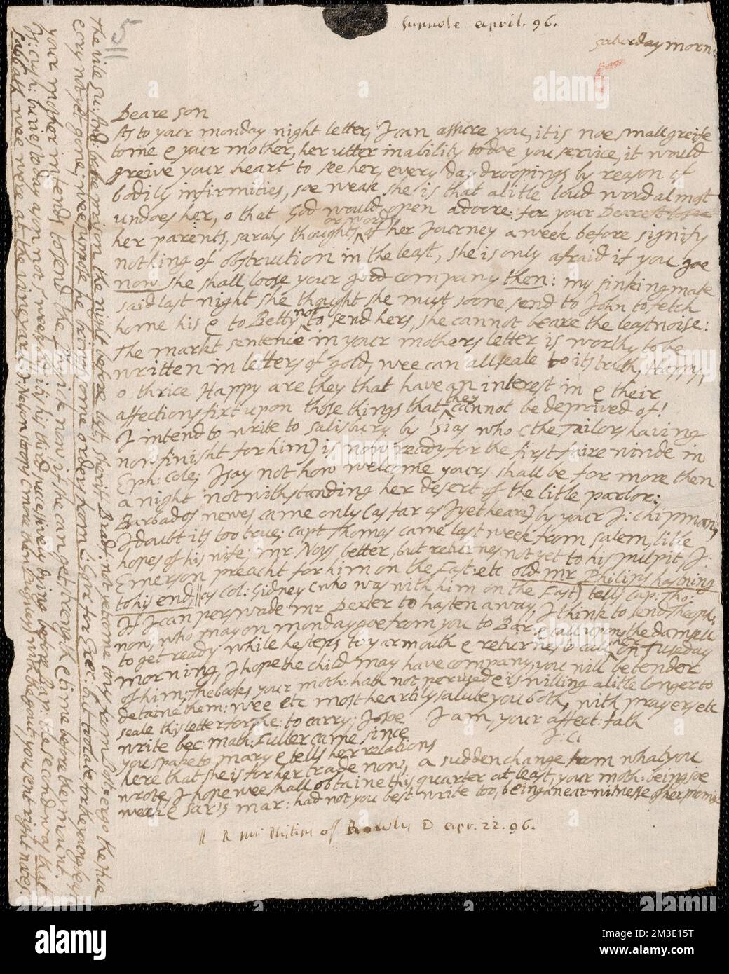 Letter from John Cotton to Rowland Cotton, Sandwich, 1696 April 22 ...