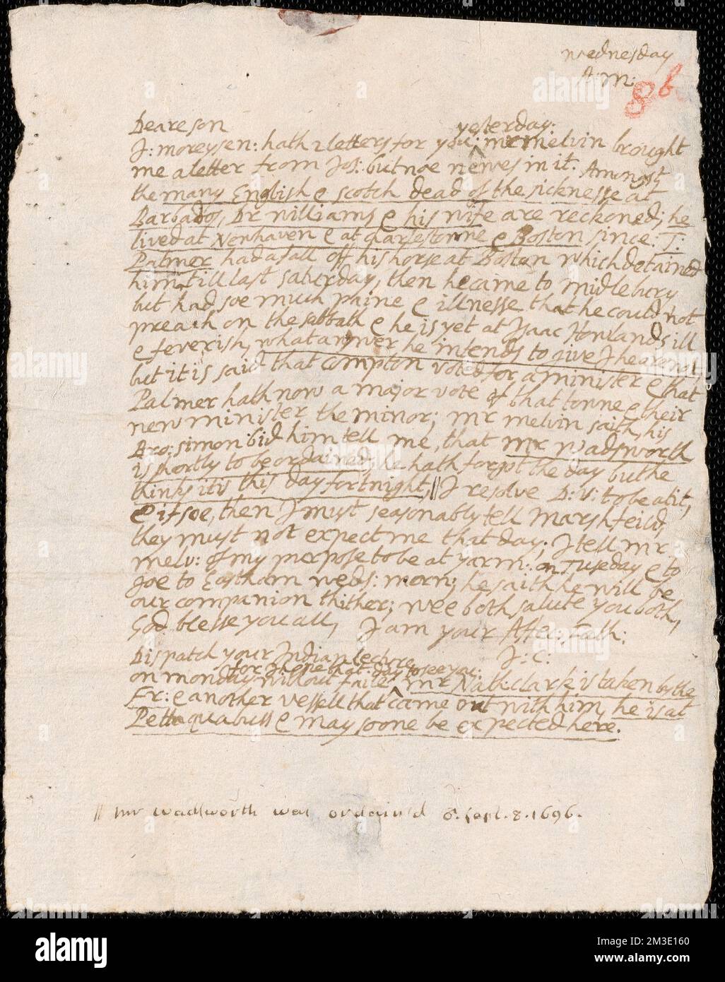 Letter from John Cotton to Rowland Cotton, Sandwich, before 1696 ...