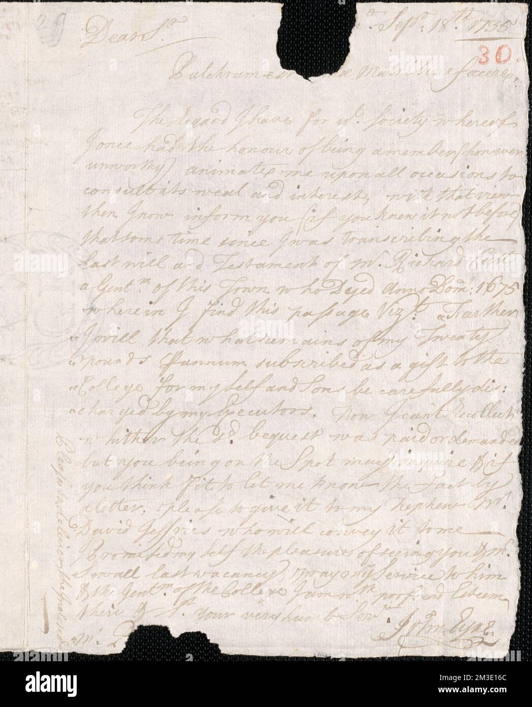 Letter from John Eyre to Nathan Prince, Cambridge, 1735 September 18 ...