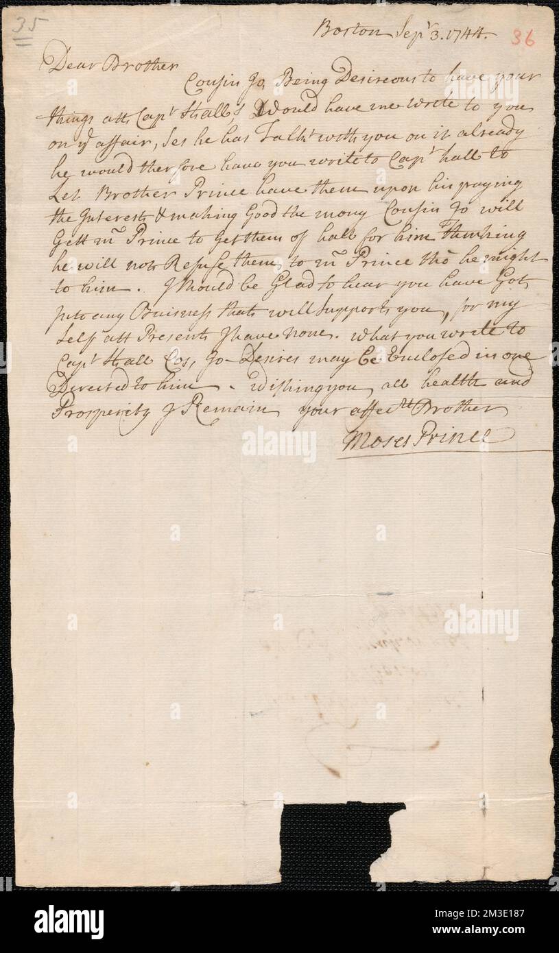 Letter from Moses Prince, Boston, to Nathan Prince, Boston, 1744 ...
