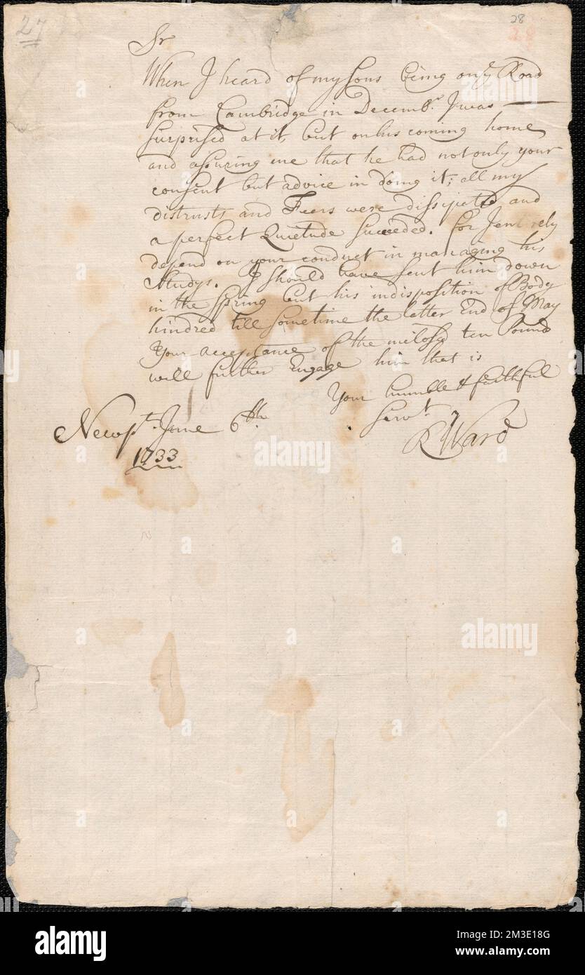 Letter from Richard Ward, Newport, to Nathan Prince, Cambridge, 1733 ...