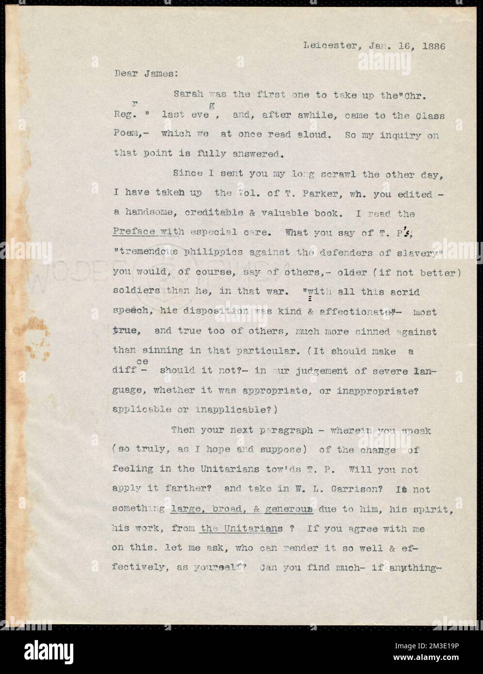 Letter from Samuel May, Leicester, [Mass.], to James Freeman Clarke ...