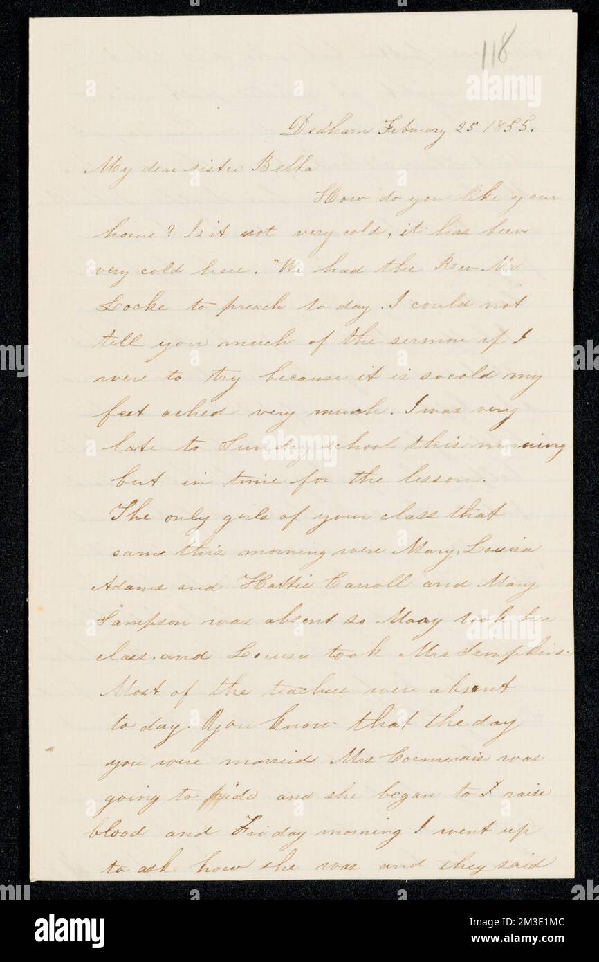 Letter to sister 'Bella' from sister Josephine, Dedham, February 25, 1855 ,. Isabelle Peirce ...