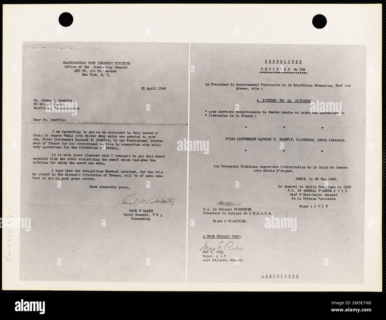 Letter to Mr. James M. Braffit from Major General Paul W. Baade ...