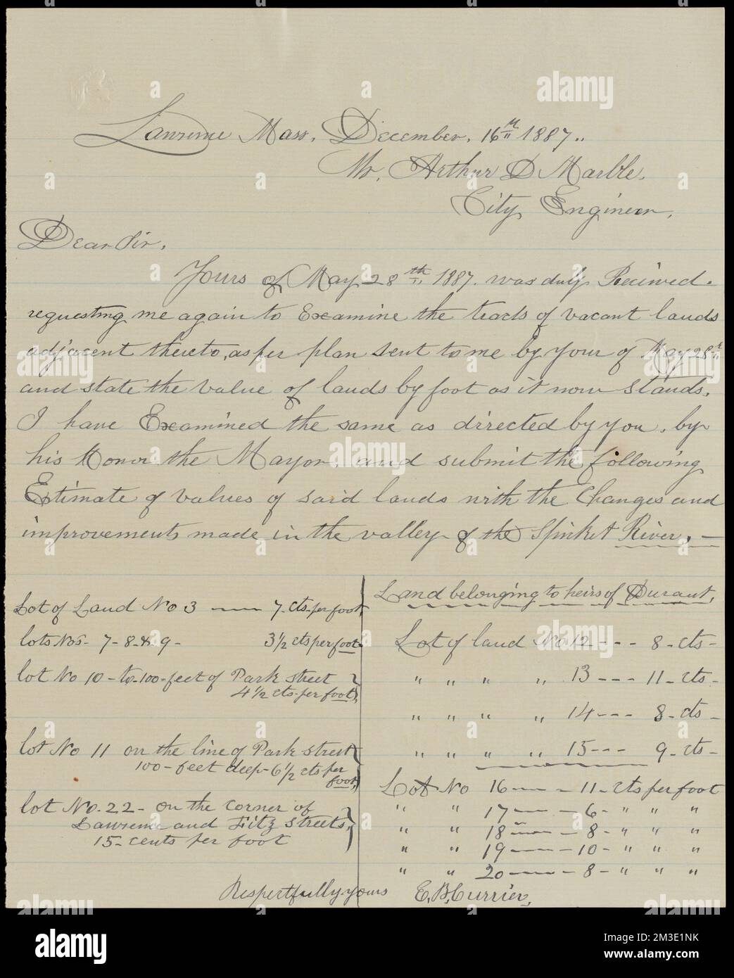 Letter to Mr. Anthony D Marble from E. B. Currier, Lawrence Mass ...