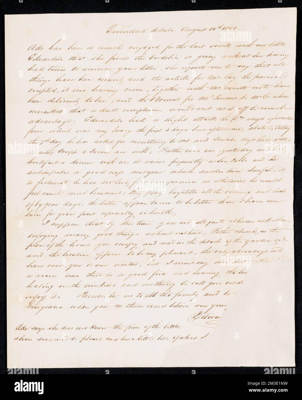 Letter to Ysabel, Boston, from Edwar [... torn off], August 14, 1850 ...
