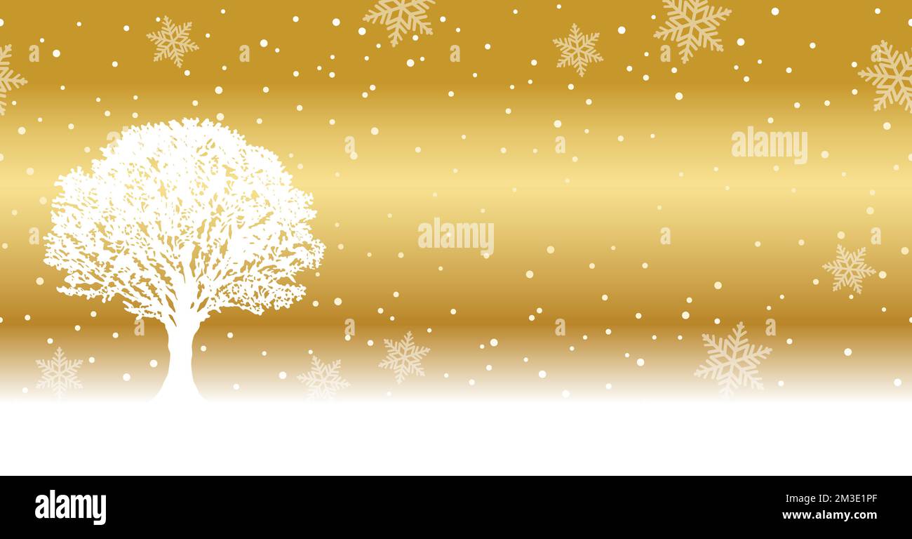 Seamless gold winter background with a snow-covered tree silhouette and ...
