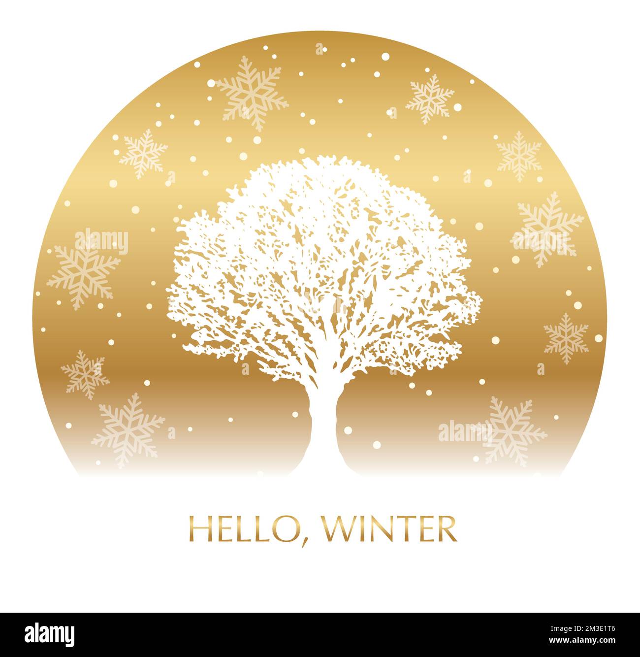 Round winter symbol with a snow-covered tree silhouette and text space ...