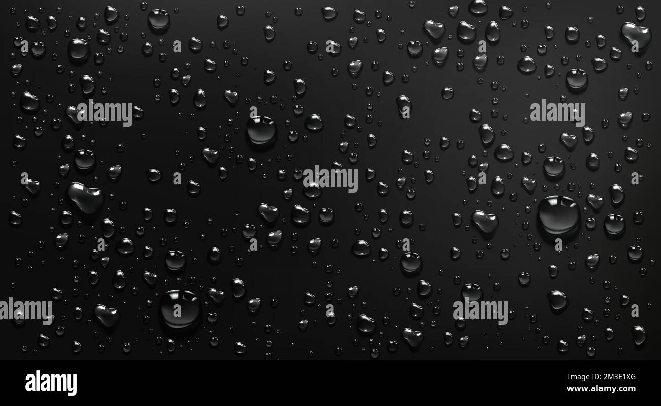 Condensation water drops on black glass background. Rain droplets with light reflection on dark ...