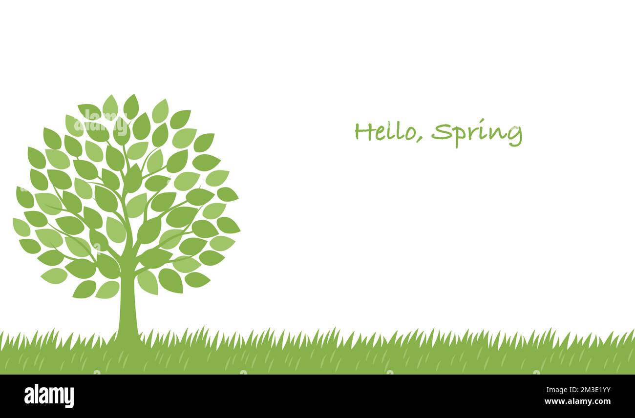 Seamless springtime vector illustration with a tree, grassy field, and ...
