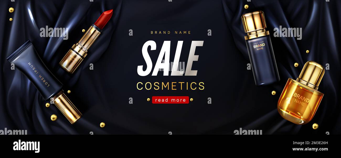 Sale banner with cosmetic products on black draped silk fabric. Vector ...