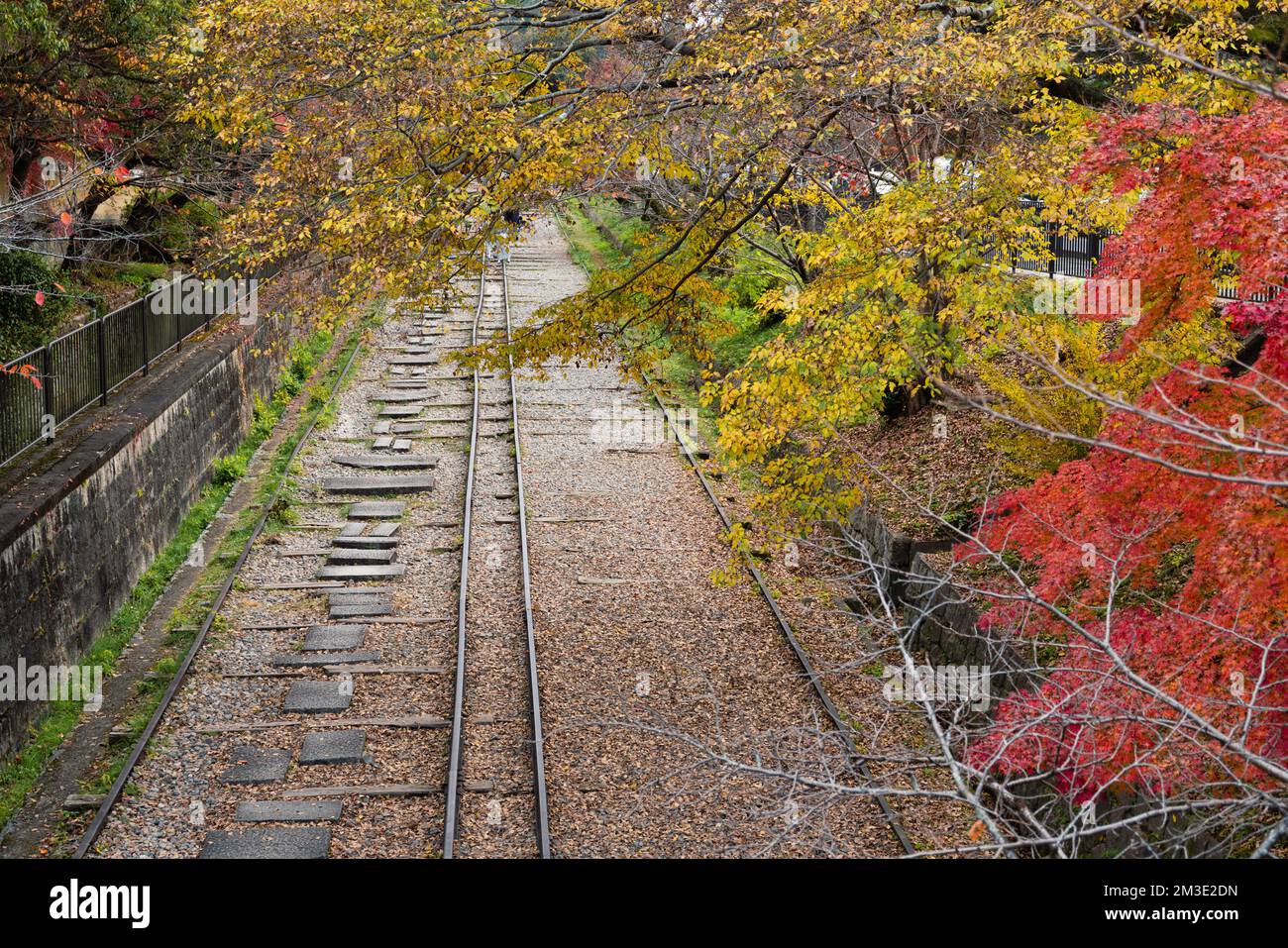 Keage Incline railroad with autumn maple in Kyoto, Japan Stock Photo ...