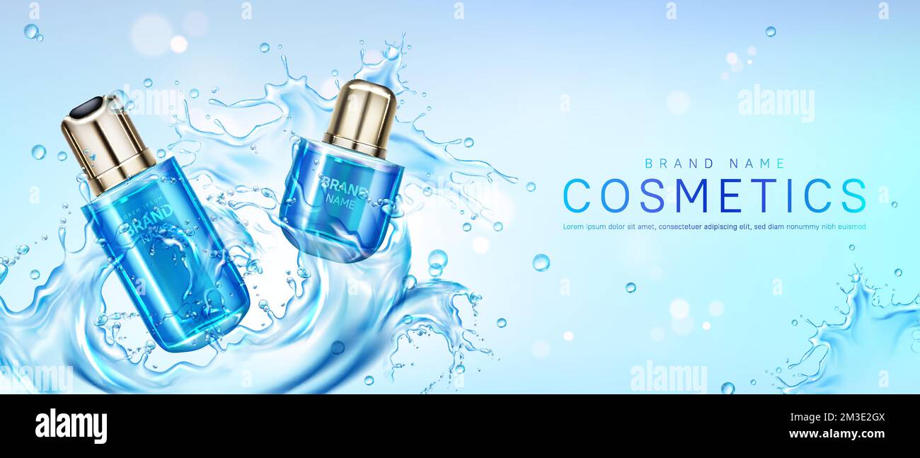 Cosmetic products in water splash. Vector realistic brand poster with ...
