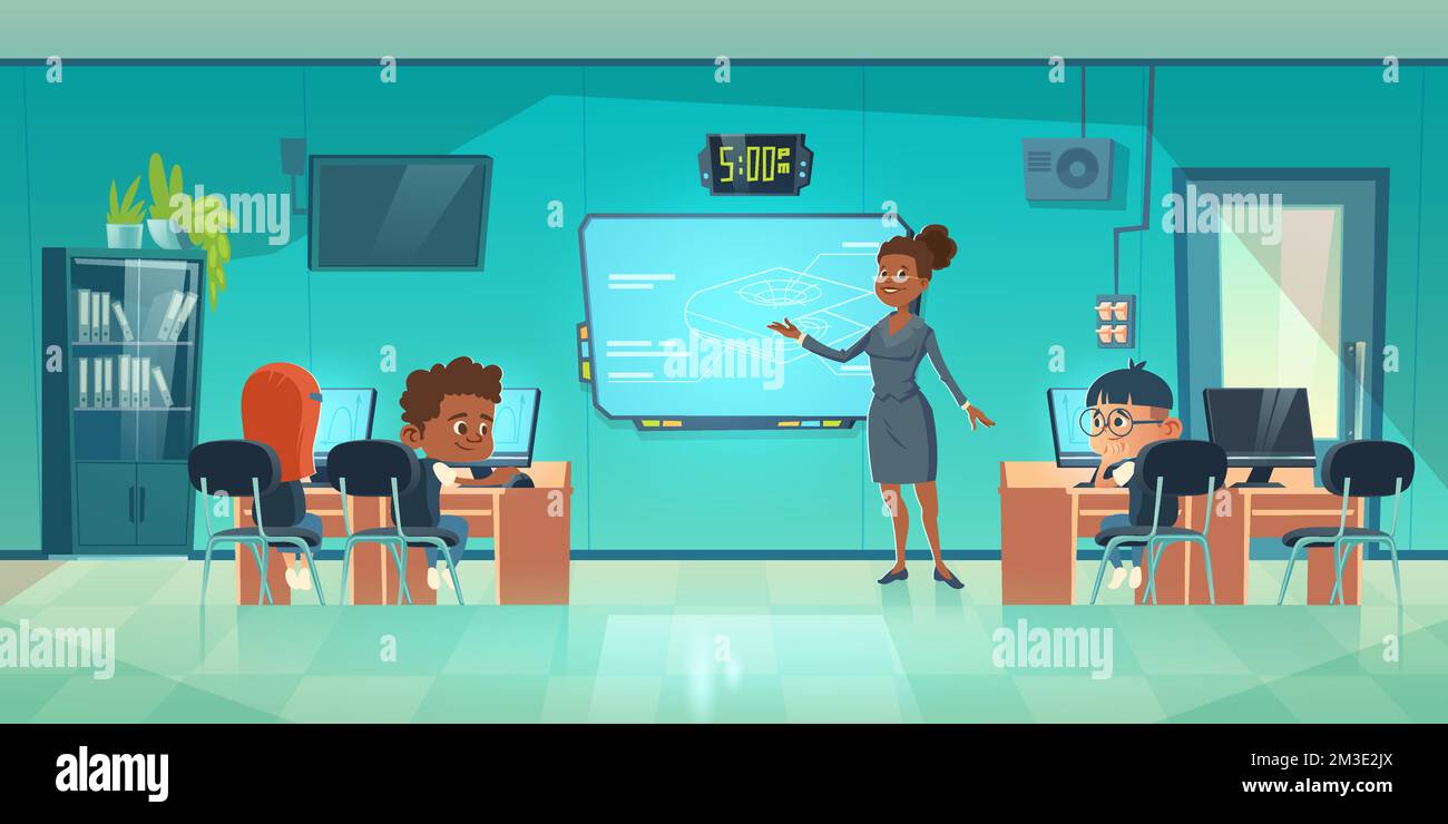 Teacher and children in computer classroom in school or college. Vector ...