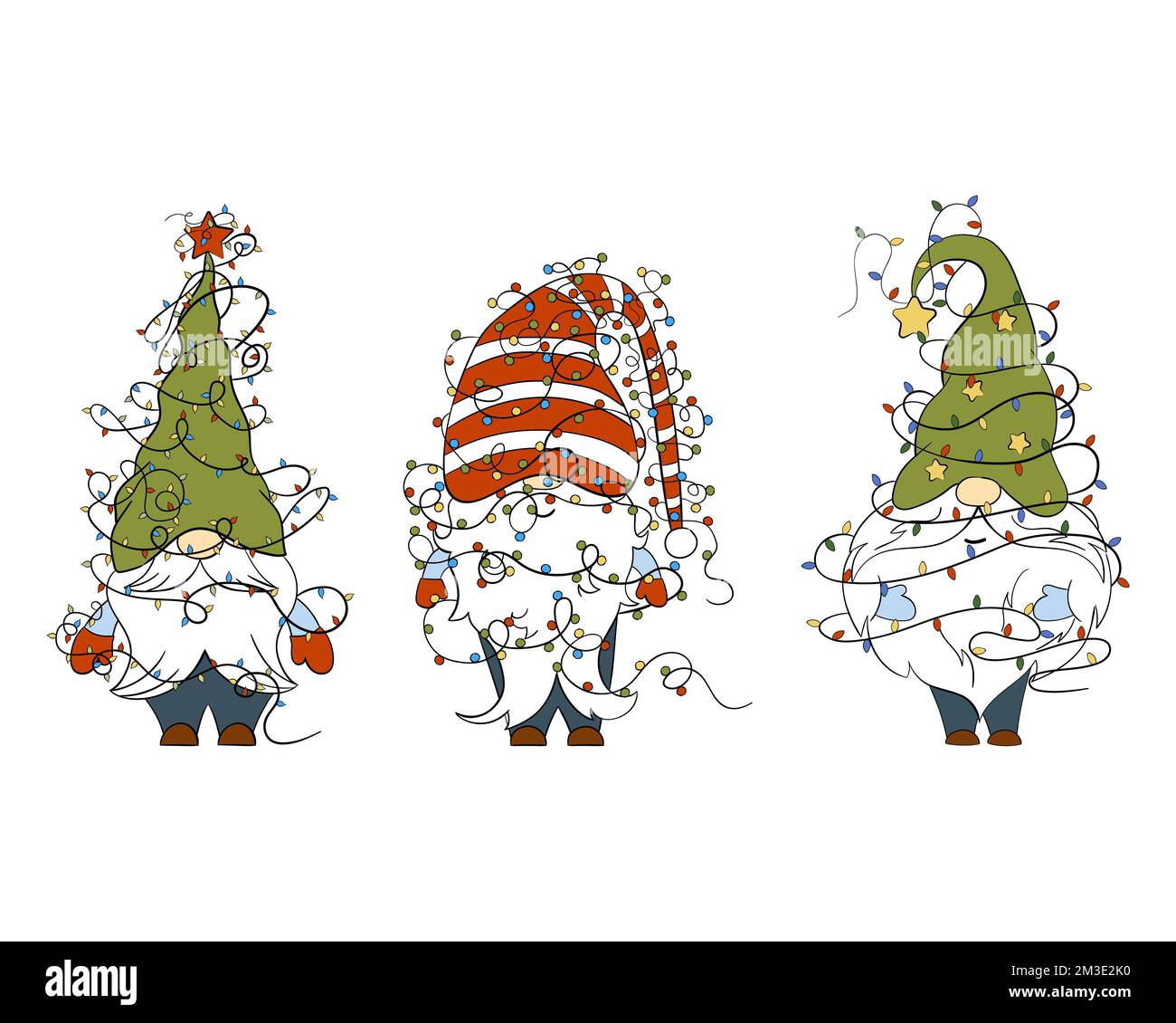 A set of Christmas gnomes with garlands. Vector illustration in cartoon ...