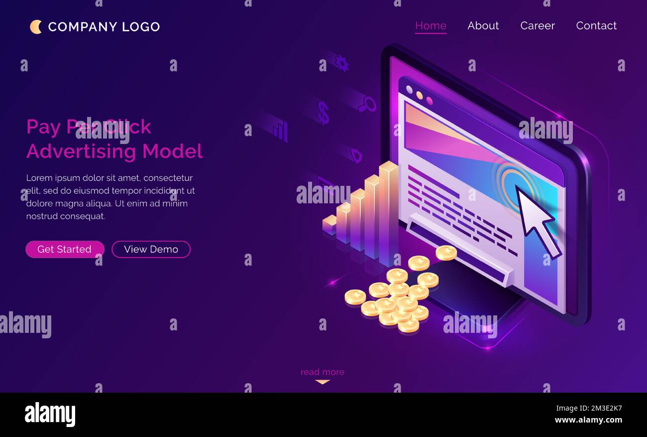 Pay per click isometric landing page, computer with cursor clicking on ...