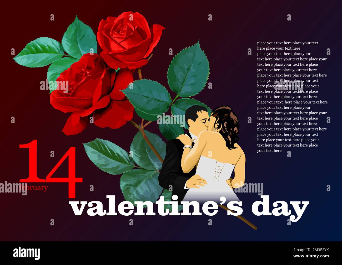 Valentine s day background with rose flower and kissing couple. Vector ...