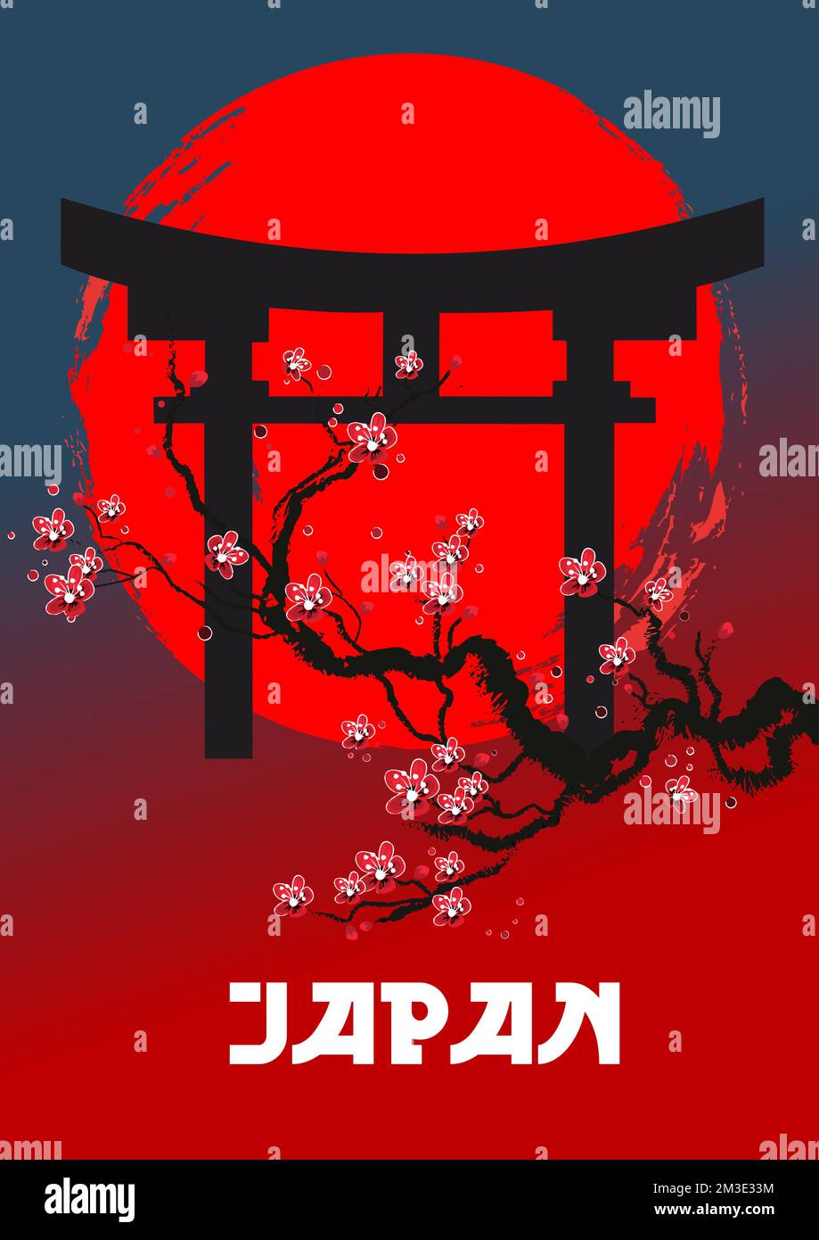 Sakura branch on a colored Japan background. Color Vector illustration ...