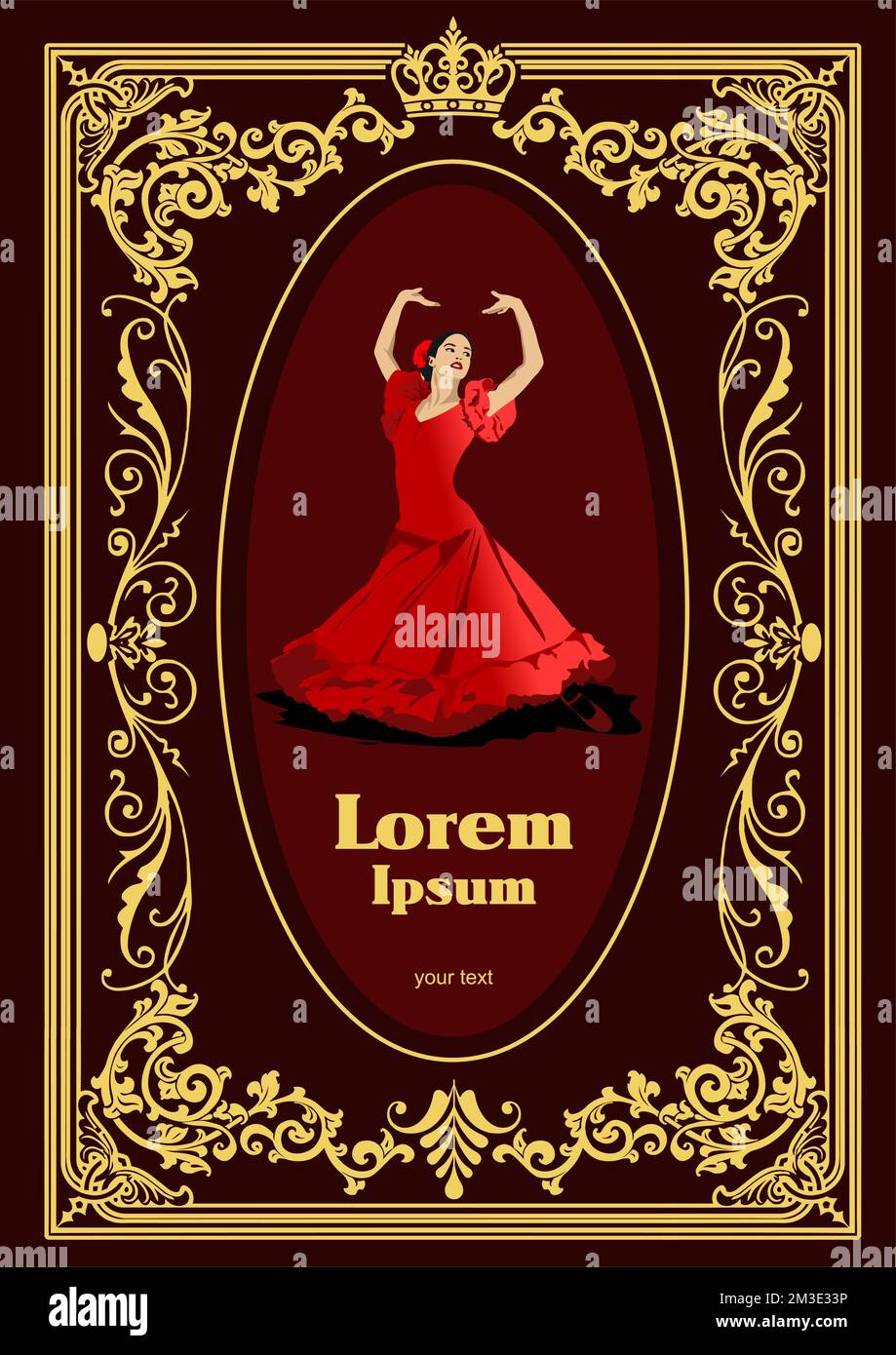 Gold frame with flamenco dance image, 3d color vector illustration can ...