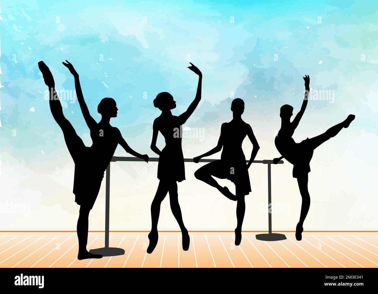 Composition from silhouettes of three dancers in ballet poses on a ...