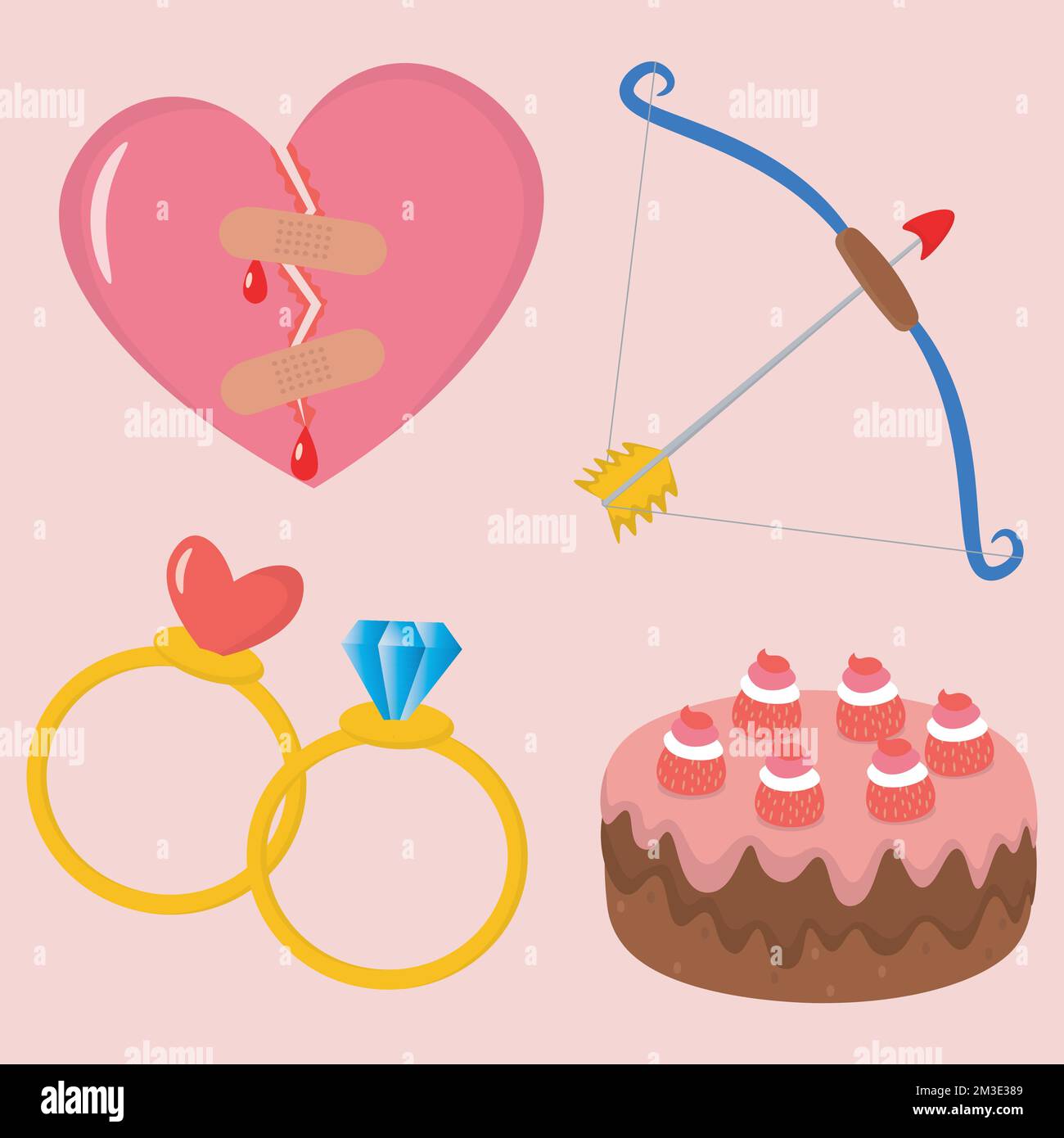 saint valentines day picture set with broken heart, bow with love arrow ...