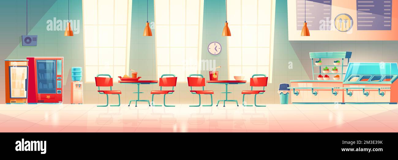 School cafe, university canteen, dining room with counter desk and ...