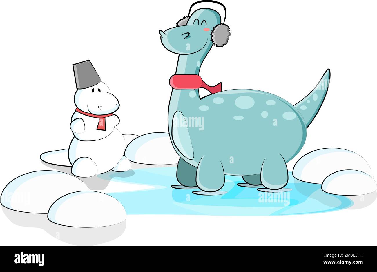 The little blue dinosaur decided to ride on the lake on ice in a ...