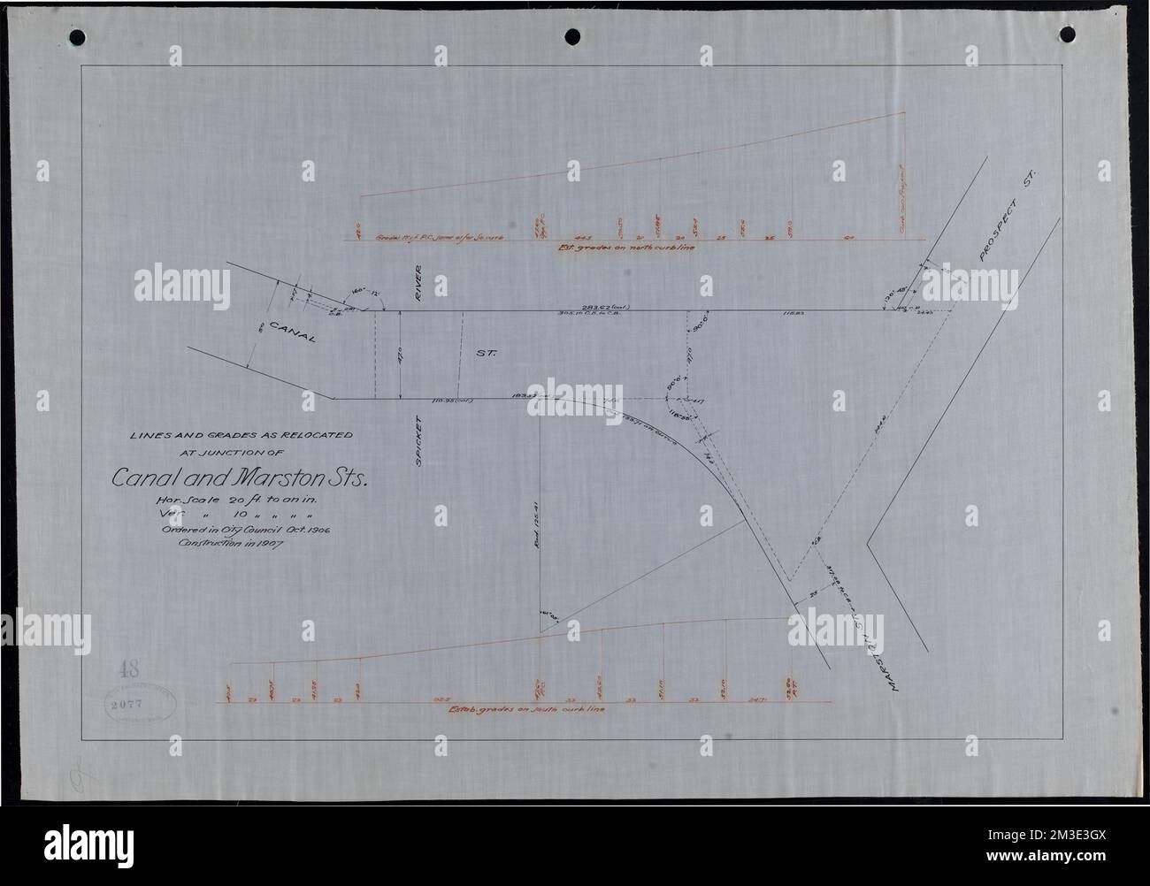 Lines and grades as relocated at junction of Canal and Marston Sts ...