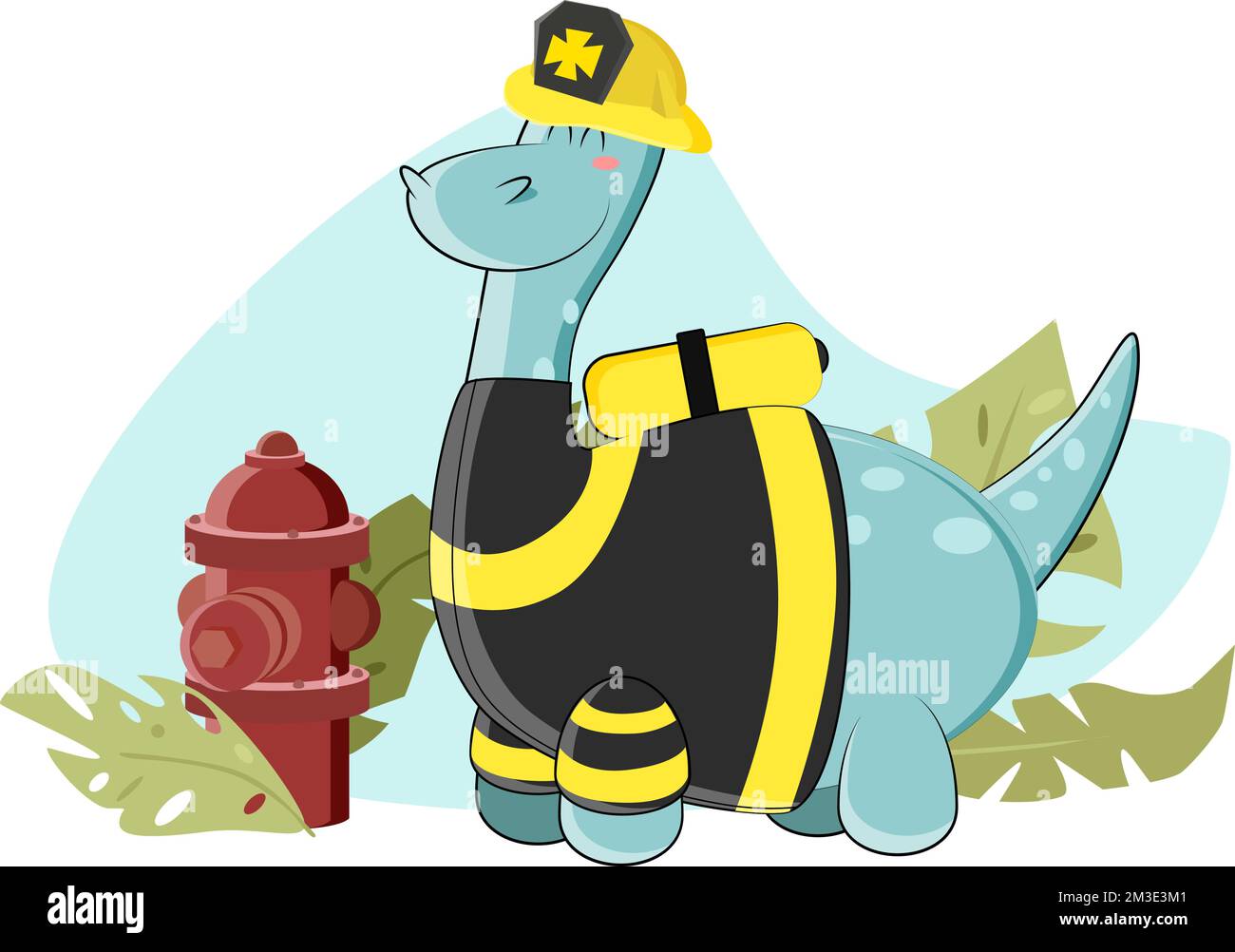 Dinosaur dingo put on a firefighter uniform and stood near the hydrant ...