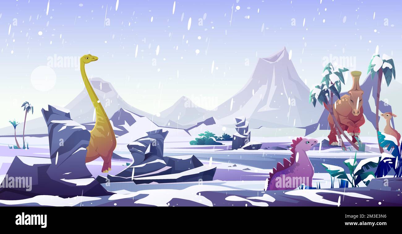 Dinosaurs in ice age. Animals extinction by cold in arctic winter ...