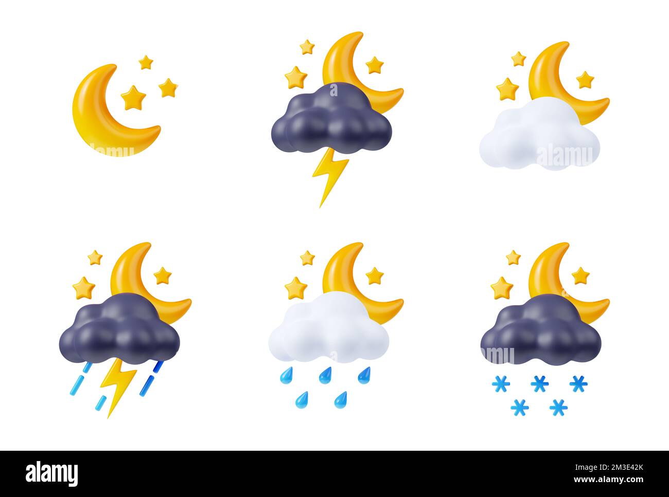 3d render night weather icons set, crescent and stars shining, clouds ...
